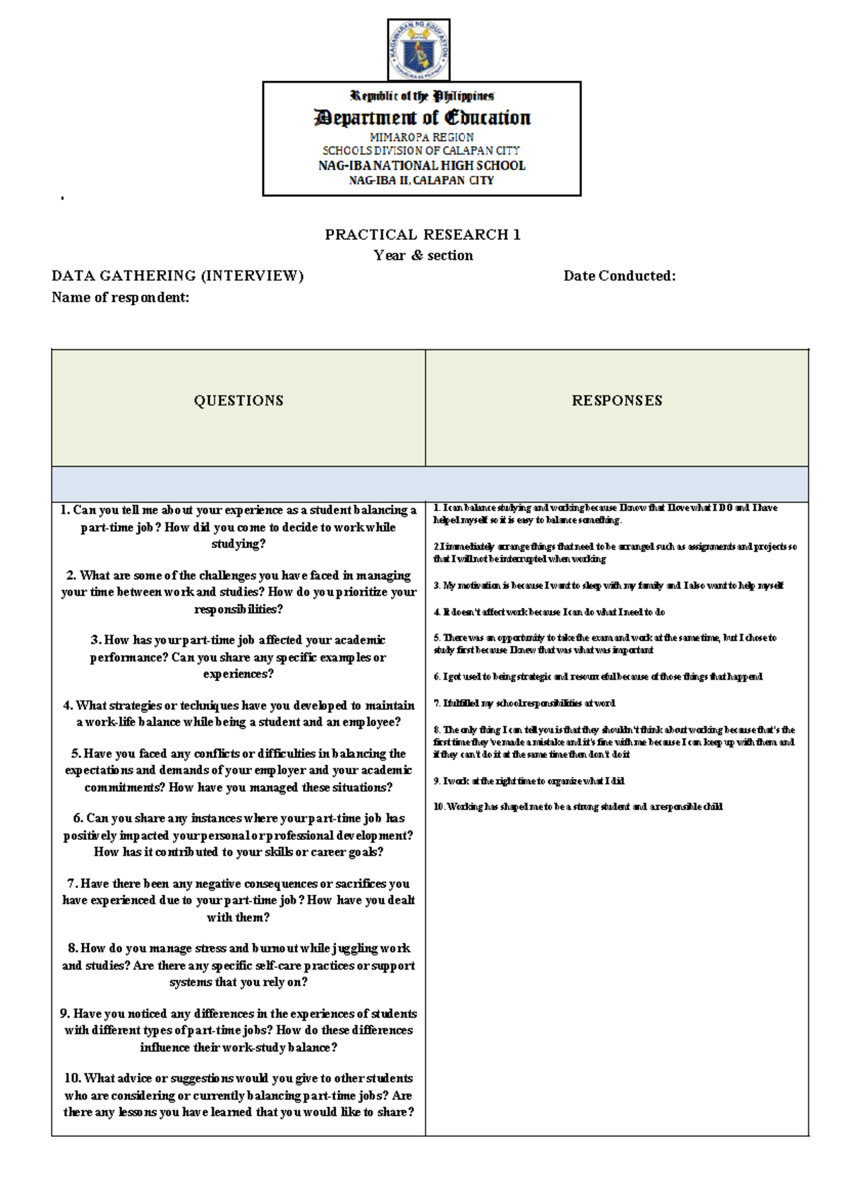 DATA Gathering Transcription AND Conclusion 2 - PRACTICAL RESEARCH 1 ...