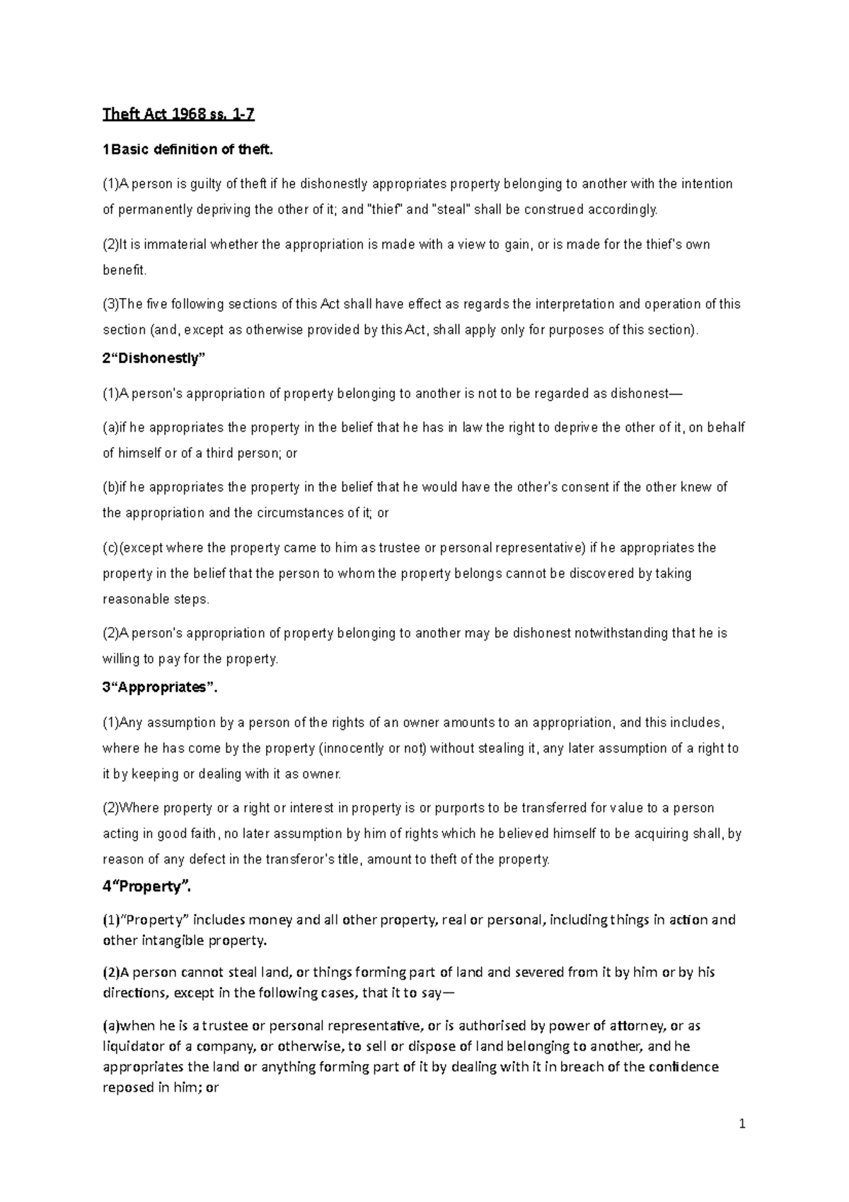 Theft Act 1968 summary - Theft Act 1968 ss. 1- 1Basic definition of ...