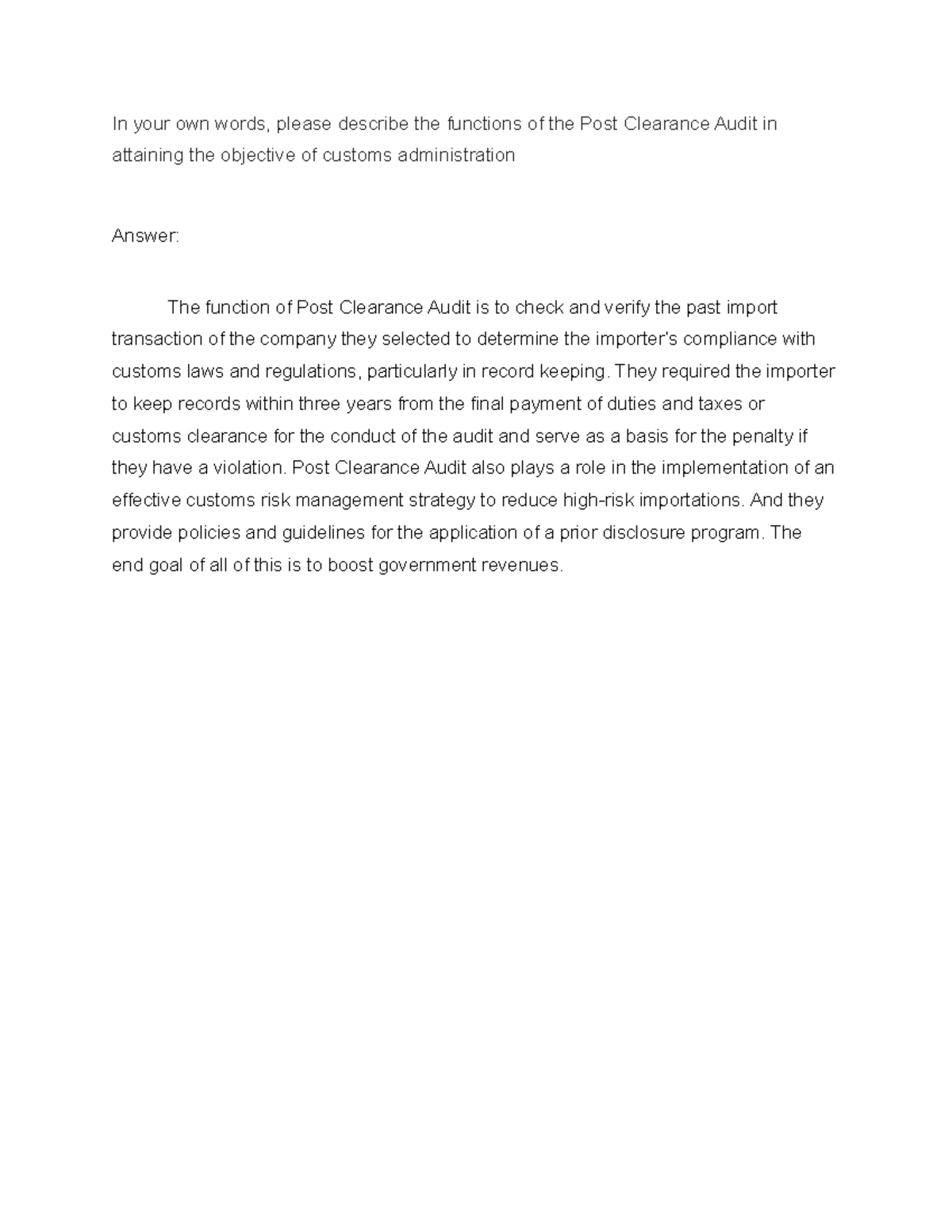 functions of the Post Clearance Audit in attaining the objective of ...