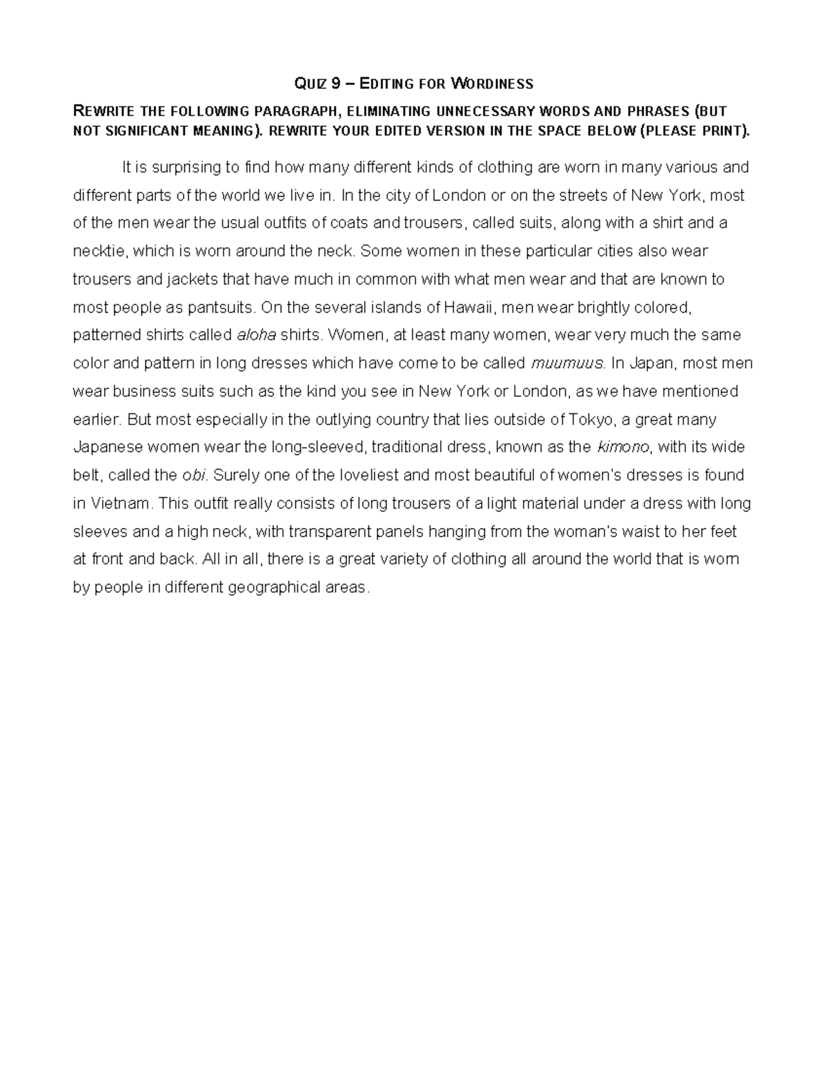 Editing for Wordiness - QUIZ 9 – EDITING FOR WORDINESS REWRITE THE ...