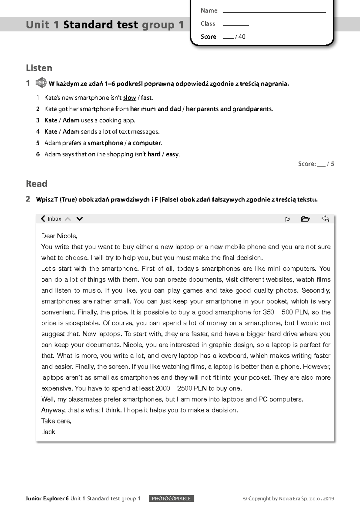 Junior explorer 6 testy unit 1 - Junior Explorer 6 Unit 1 Standard test ...