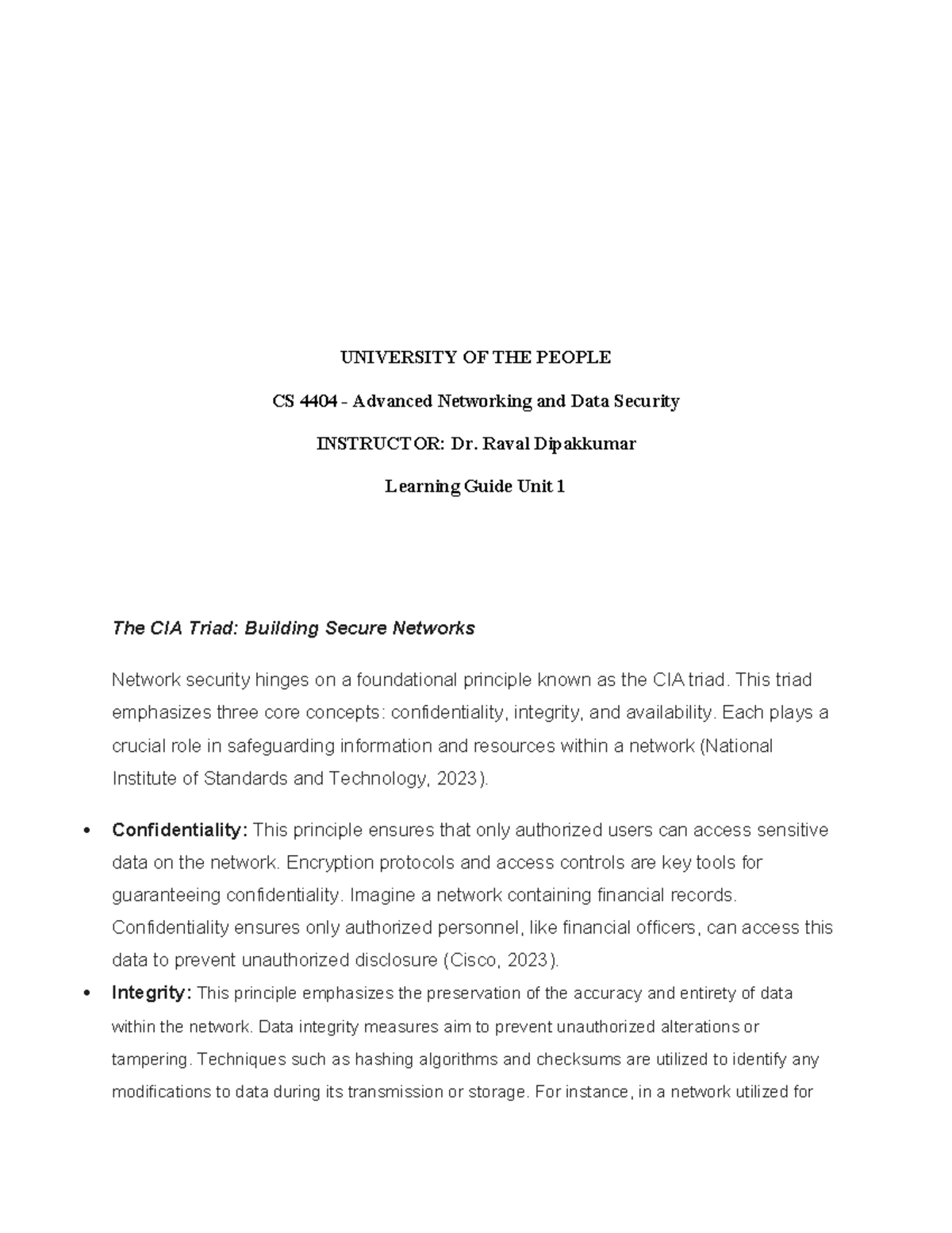 Learning Guide Unit 1 - simple work - UNIVERSITY OF THE PEOPLE CS 4404 - Advanced Networking and ...