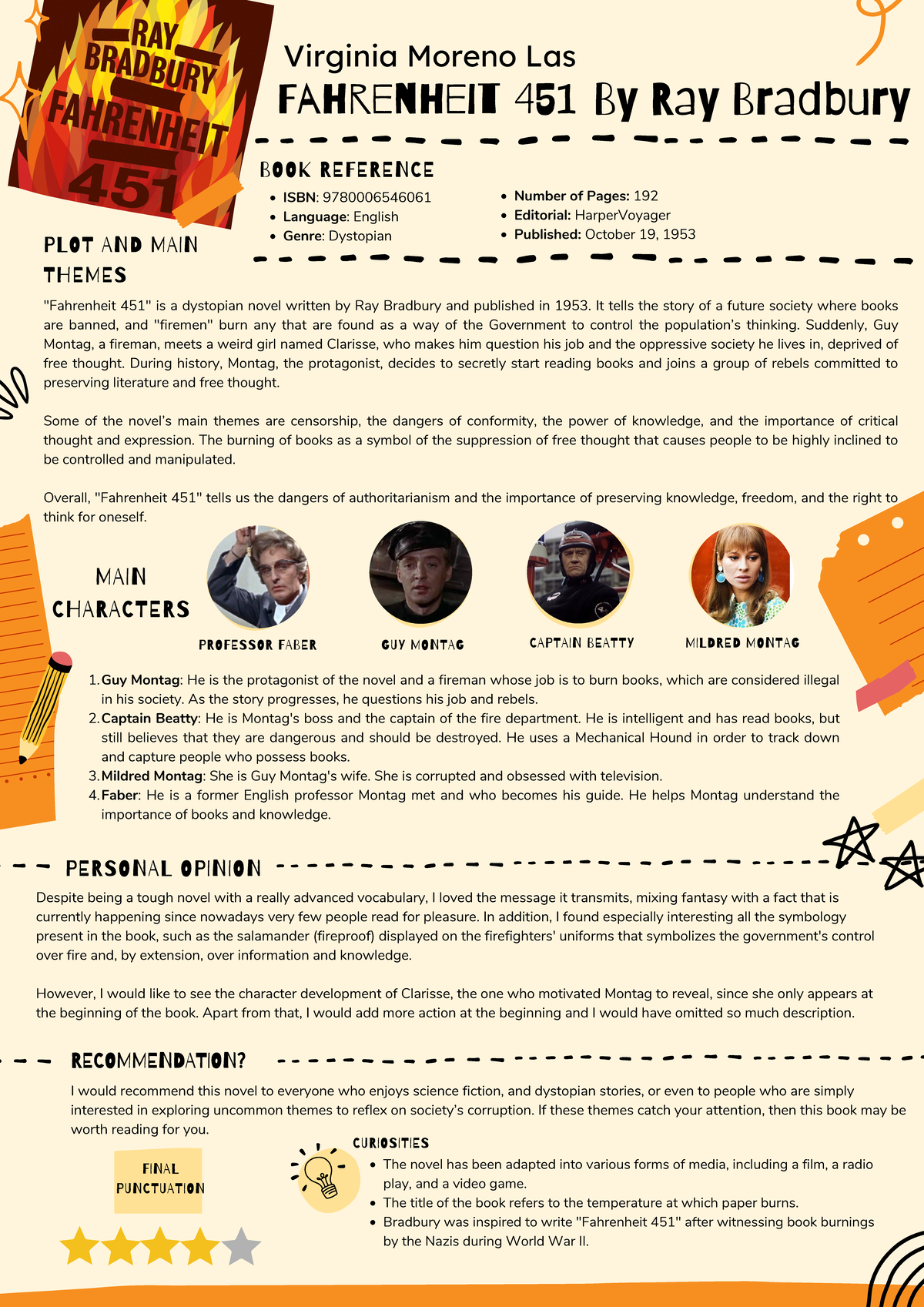 A book review poster Fahrenheit 451 - "Fahrenheit 451" is a dystopian ...