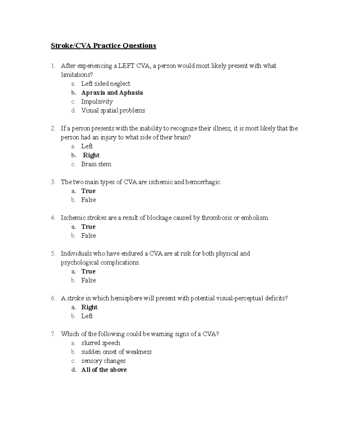 Stroke CVA Practice Questions - Stroke/CVA Practice Questions After ...