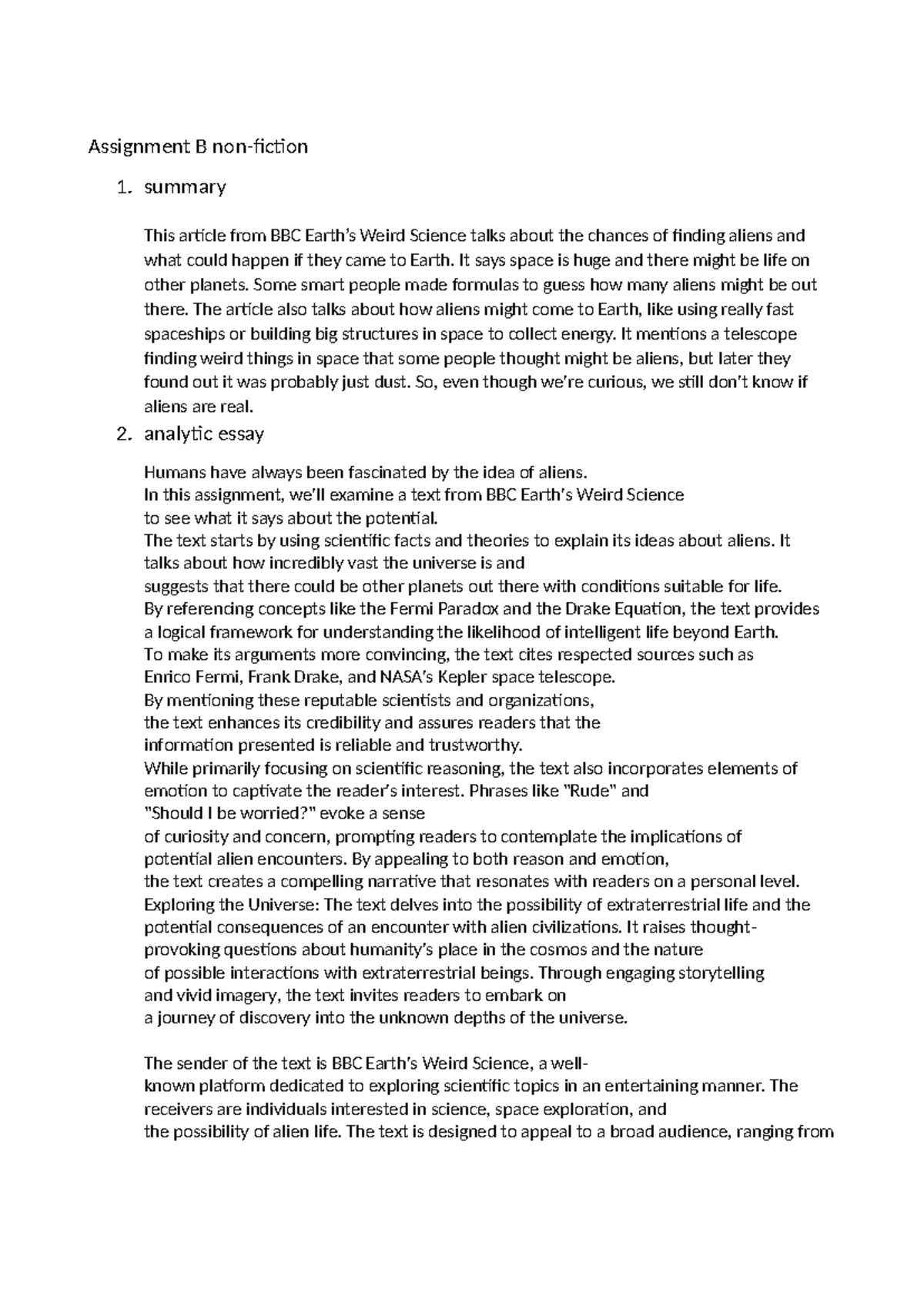 Assignment B non-fiction - summary This article from BBC Earth’s Weird ...