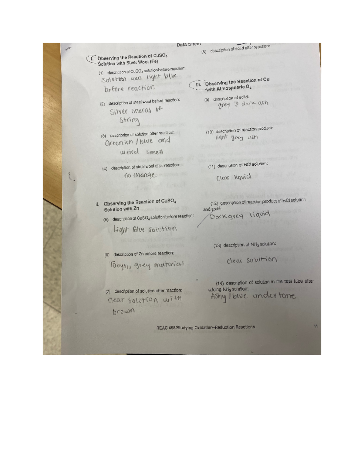 Lab Report Exp 09 Studying Oxidation-Reduction (REAC 456) - Data Sheet ...