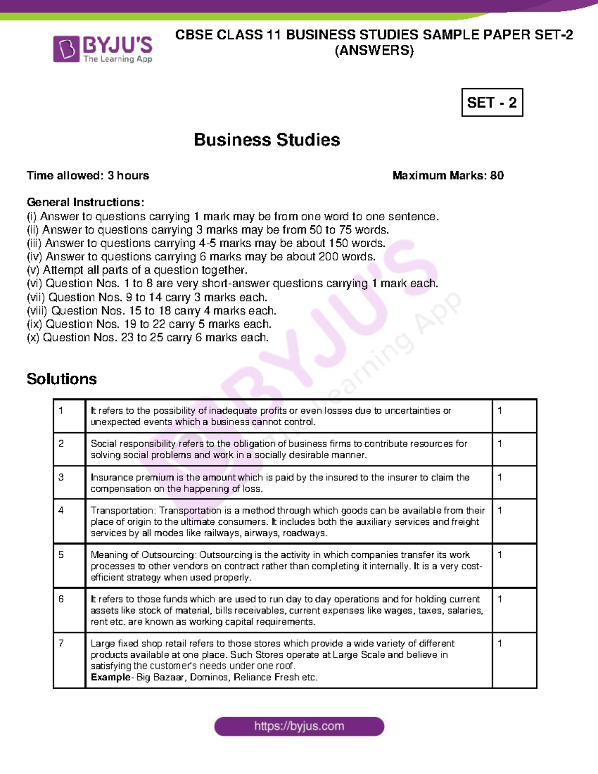 CBSE Class 11 Business Studies Sample Paper SET 2 Answers - (ANSWERS) SET - 2 Business Studies ...