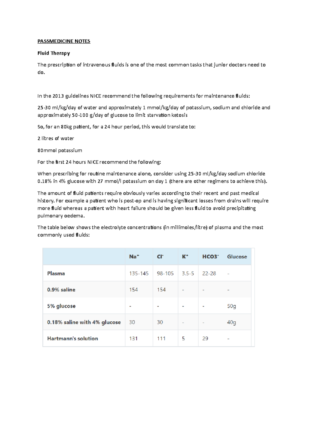 Passmedicine Notes - PASSMEDICINE NOTES Fluid Therapy The prescription ...
