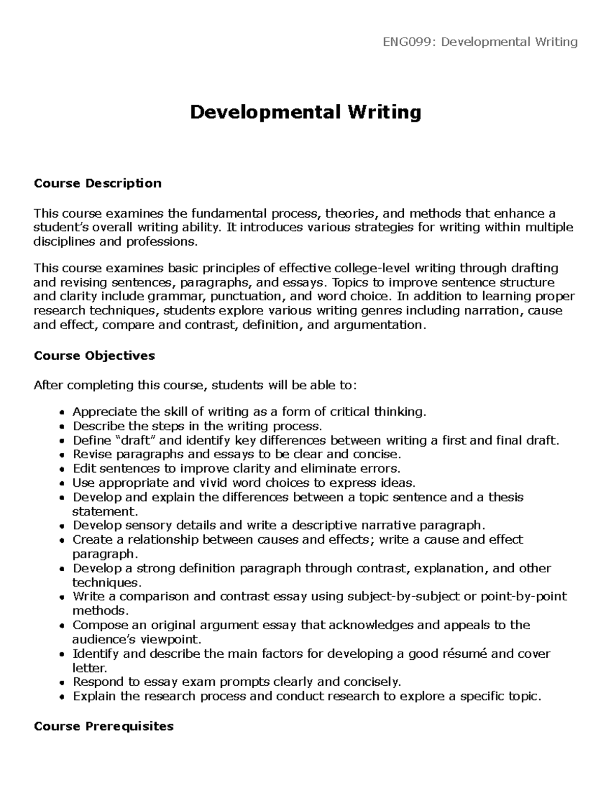 ENG099 Developmental Writing V2 - ENG099: Developmental Writing Developmental Writing Course ...