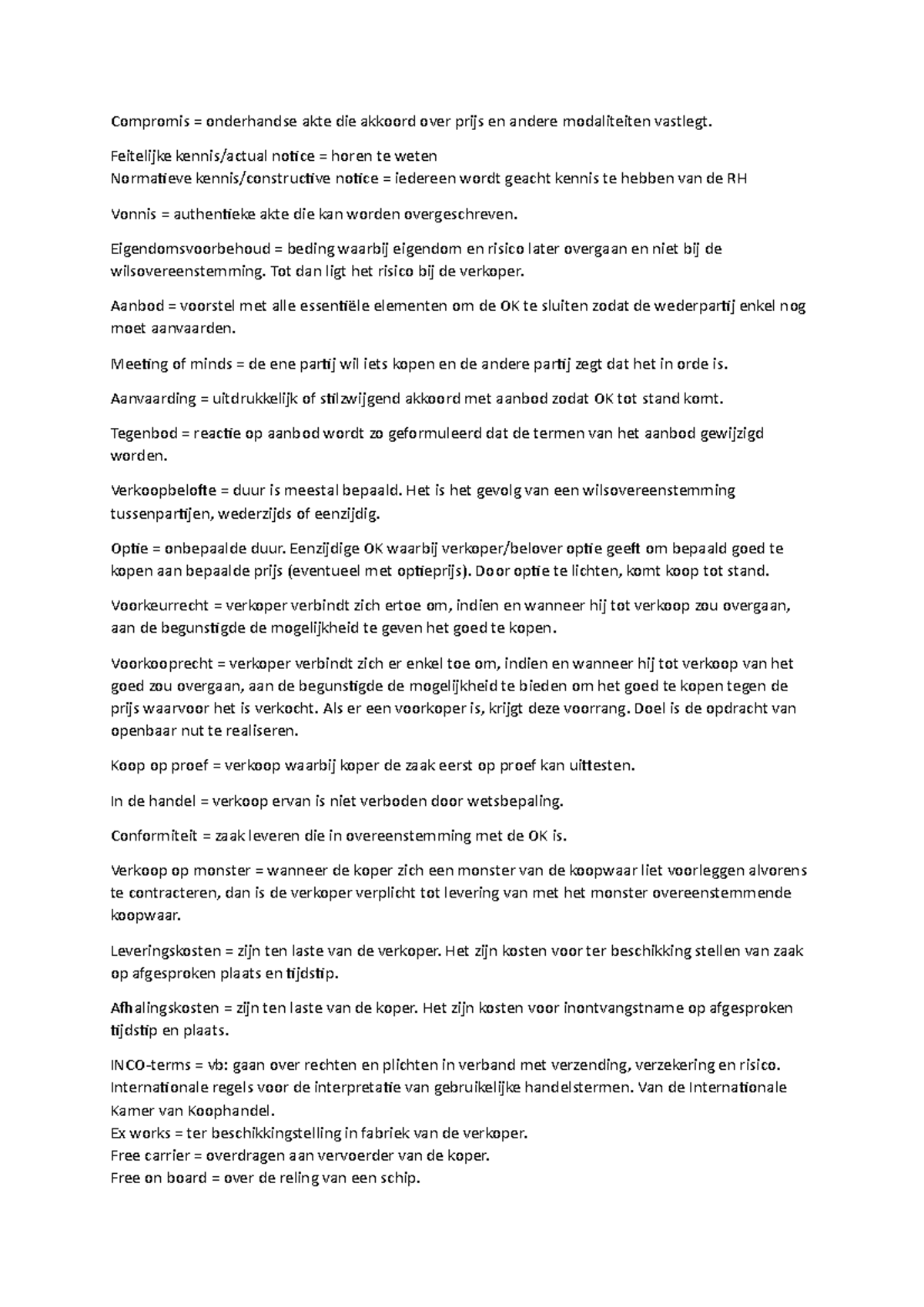 Begrippen semester 1 - Compromis = onderhandse akte die akkoord over ...