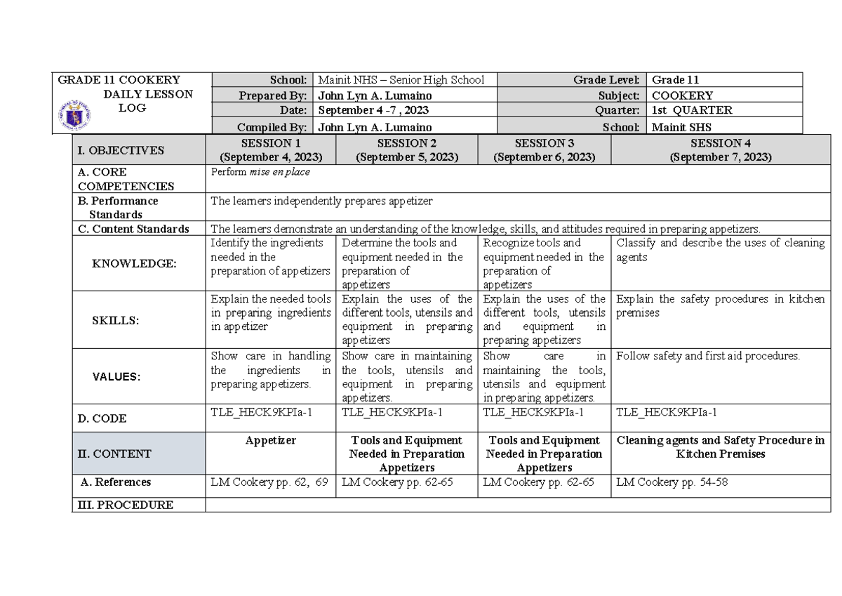 Home Economics TLE - GRADE 11 COOKERY DAILY LESSON LOG School: Mainit ...