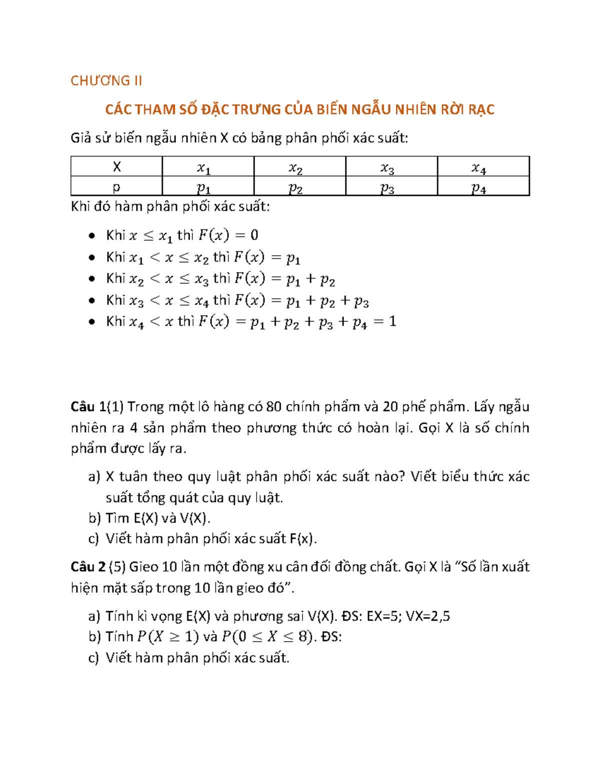 2. BIẾN NGẪU Nhiên RỜI RẠC K15ĐHMỞ - CHƯƠNG II CÁC THAM SỐ ĐẶC TRƯNG CỦA BIẾN NGẪU NHIÊN RỜI RẠC ...