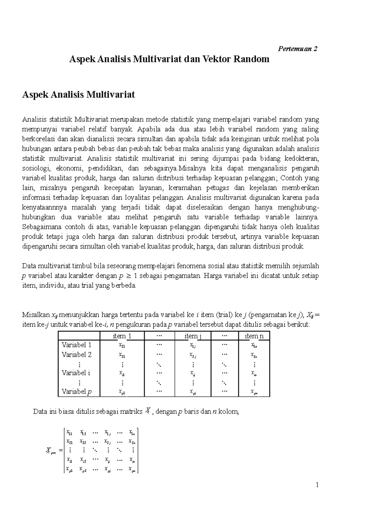 Aspek Analisis Multivariat - Apabila ada dua atau lebih variabel random ...