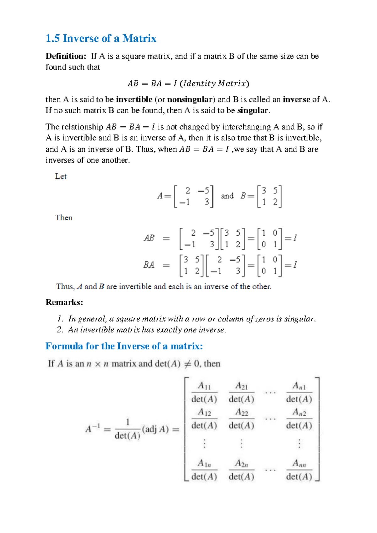 8. Inverse of a Matrix - 1 Inverse of a Matrix Definition: If A is a ...