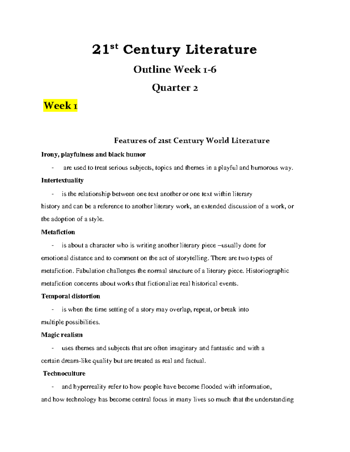 21st-Century-Literature - 21 st Century Literature Outline Week 1- 6 ...