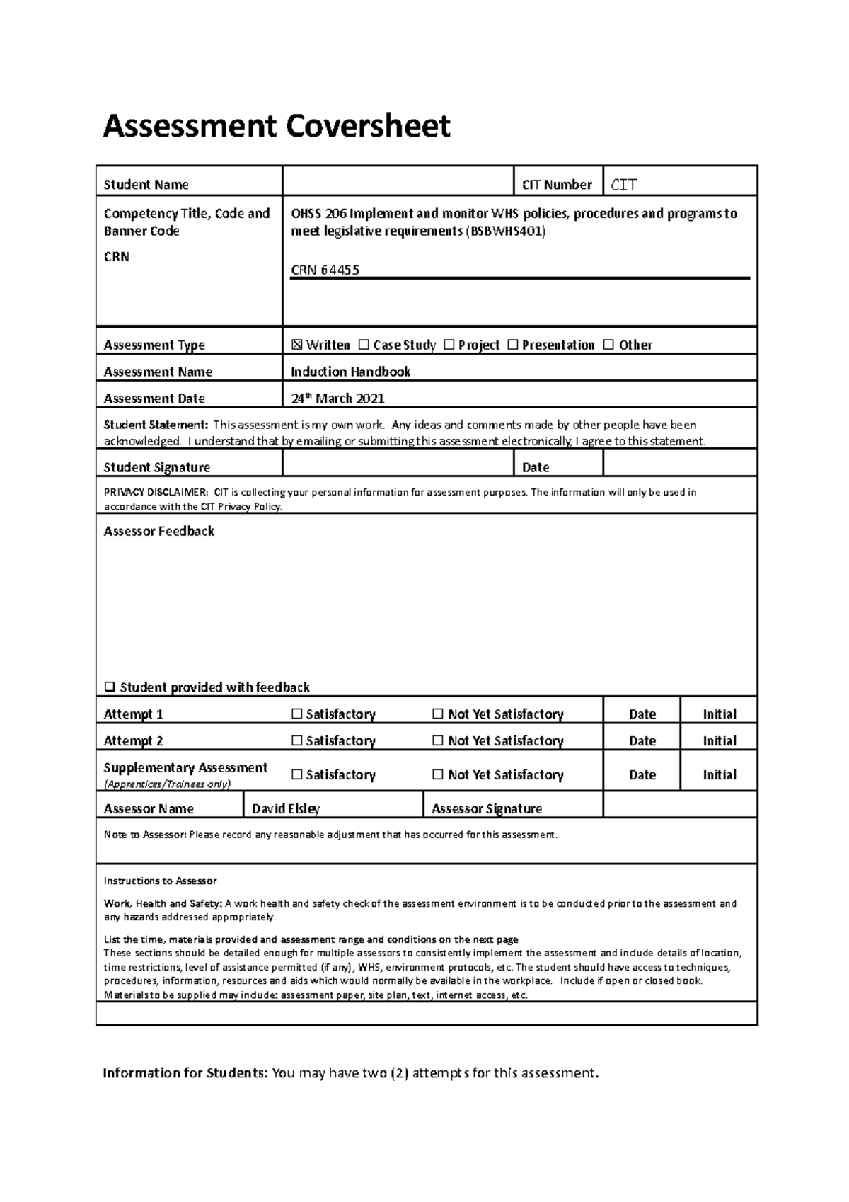 Example assessment 1 handbook - Assessment Coversheet Student Name CIT ...