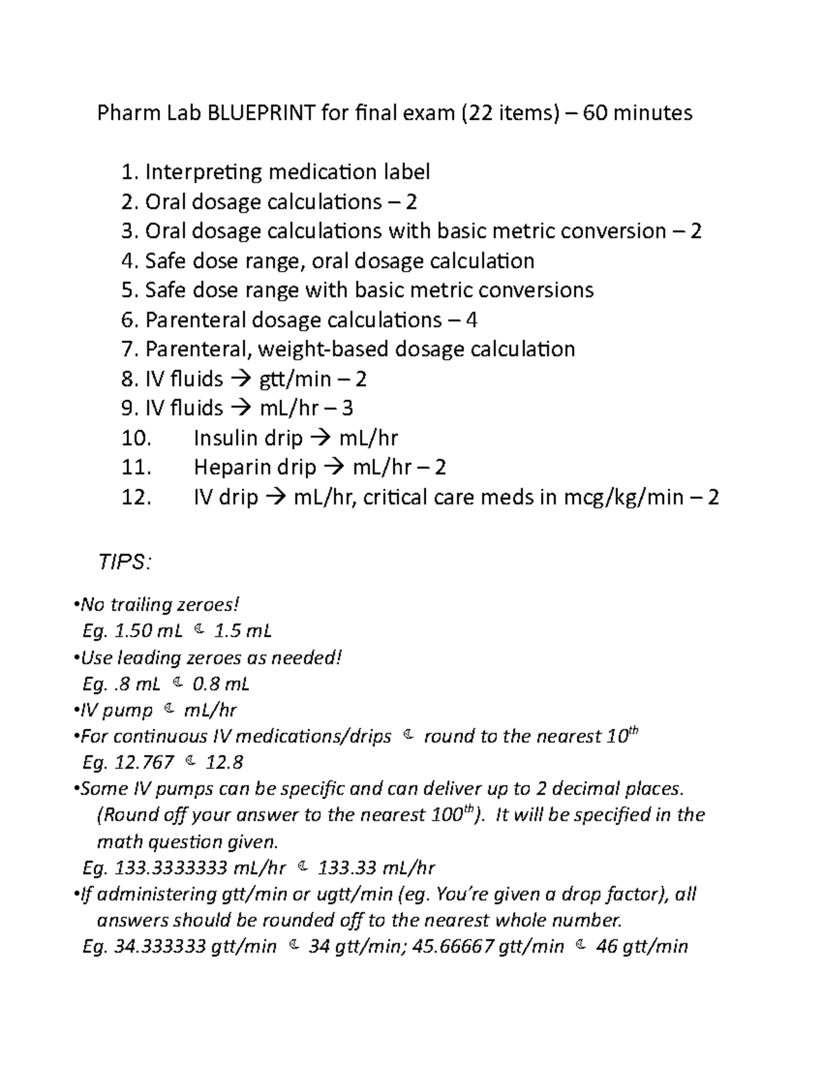 LAB Final - study blue print - Pharm Lab BLUEPRINT for final exam (22 ...