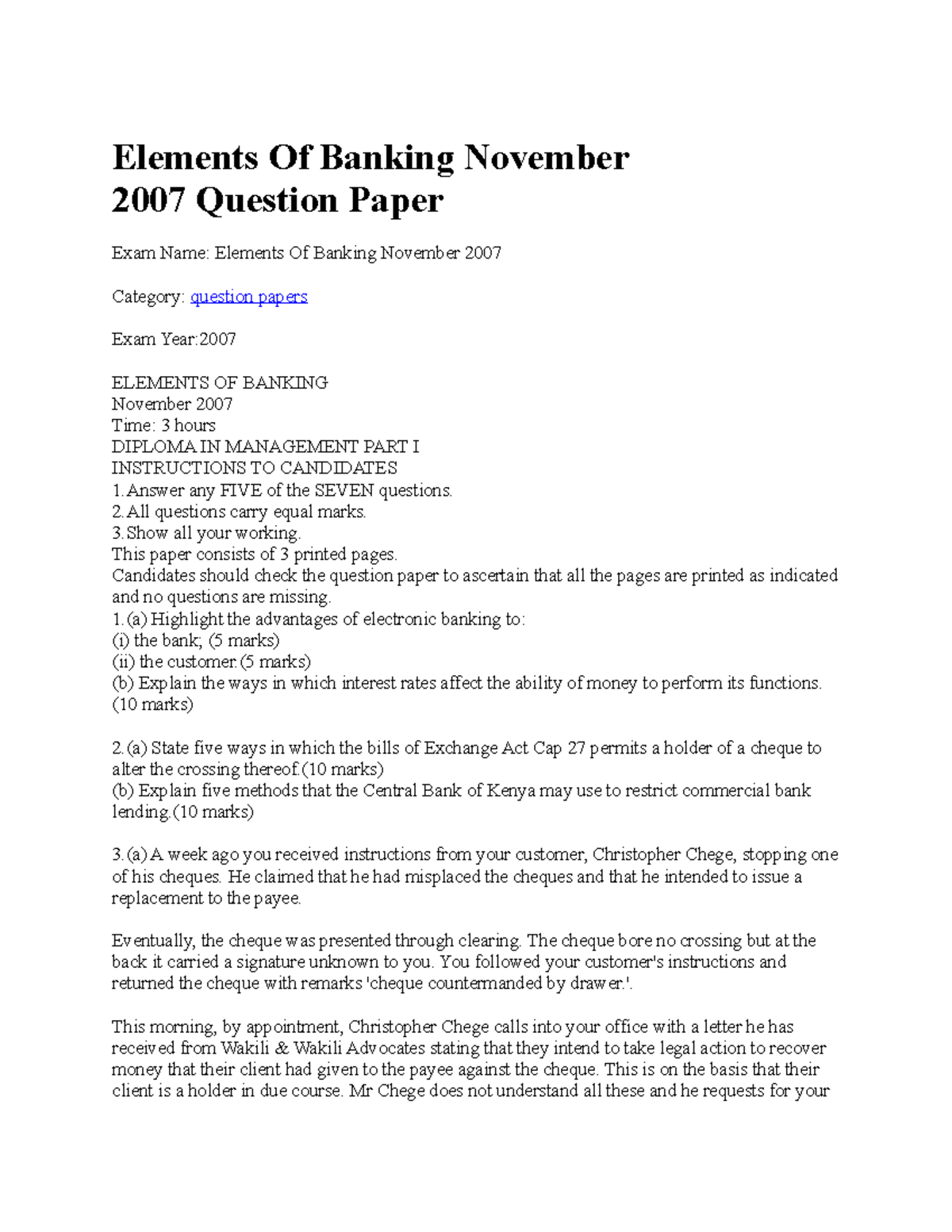 Elements of Banking- past paper - Elements Of Banking November 2007 ...