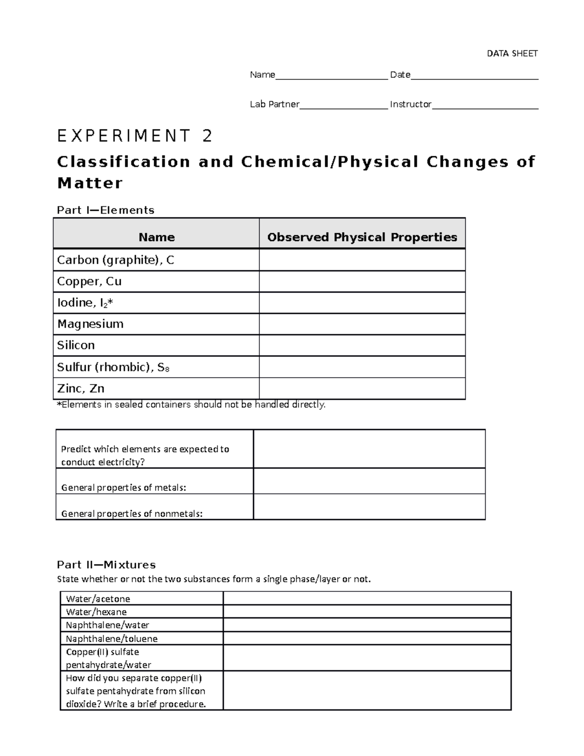 CHM1045L Exp 2 DATA Sheet - DATA SHEET Name ...