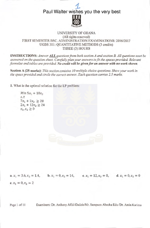 Set 1 matrix - UNIVERSITY OF GHANA BUSINESS SCHOOL UGBS 301 – QUANTITATIVE METHODS FOR BUSINESS ...