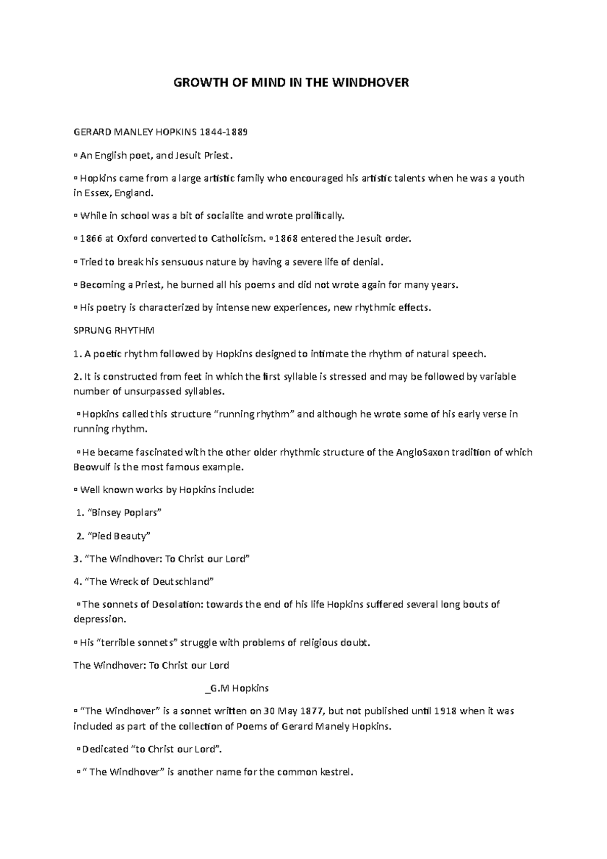 Growth OF MIND IN THE Windhover - GROWTH OF MIND IN THE WINDHOVER ...