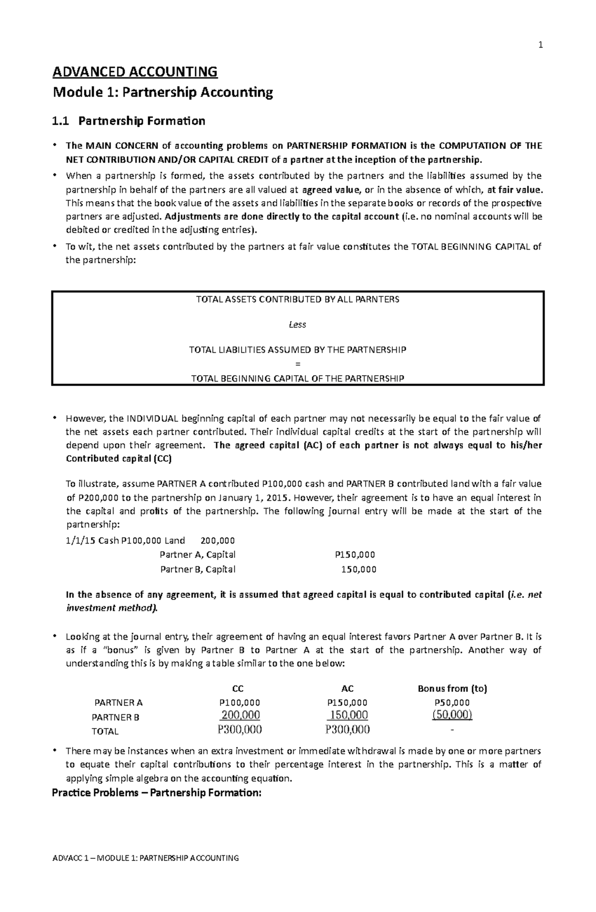 Module 01 Partnership - Lecture Notes - ADVANCED ACCOUNTING Module 1 ...