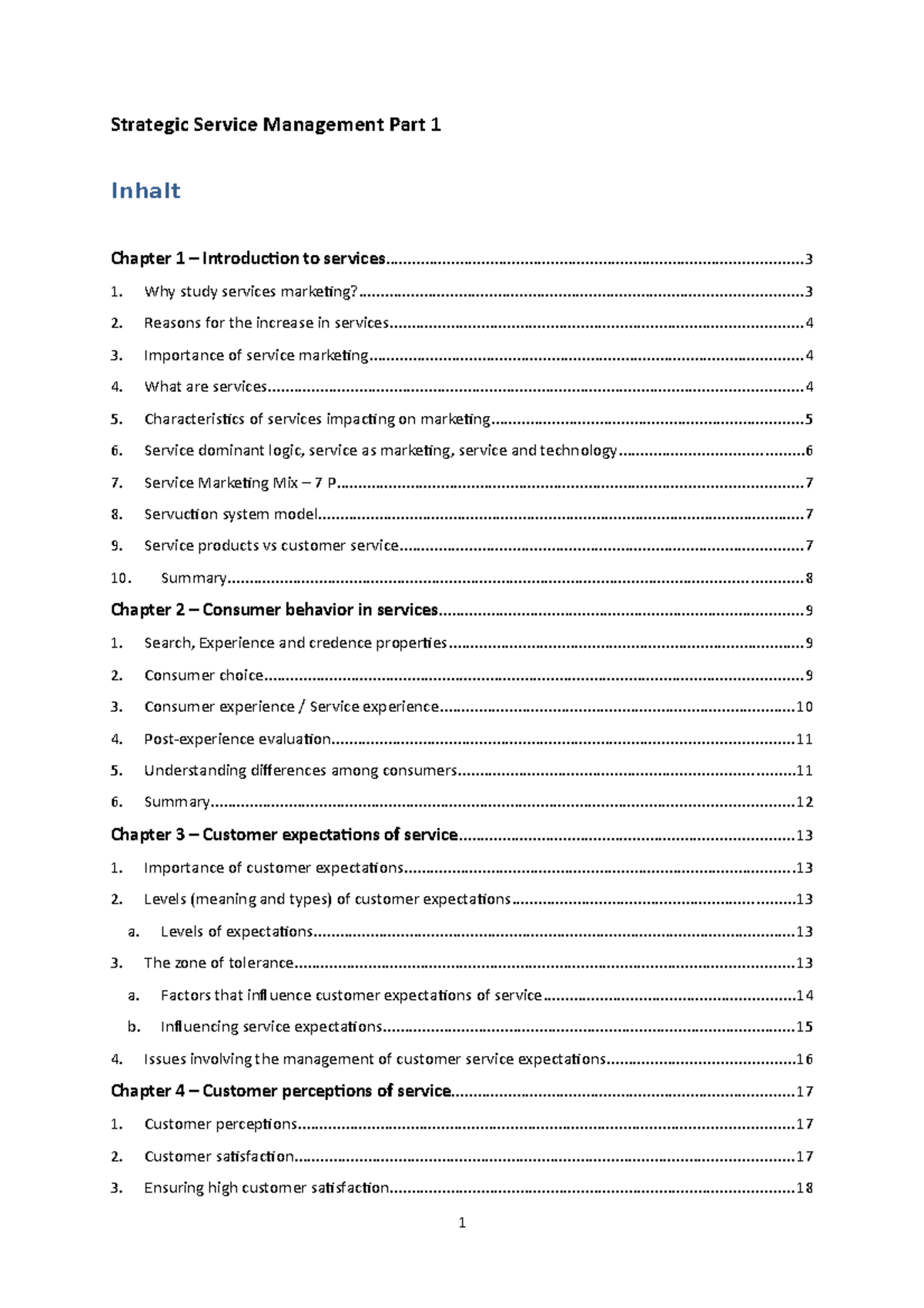 Service Management Zusammenfassung Komplett TEIL 1 - Strategic Service ...