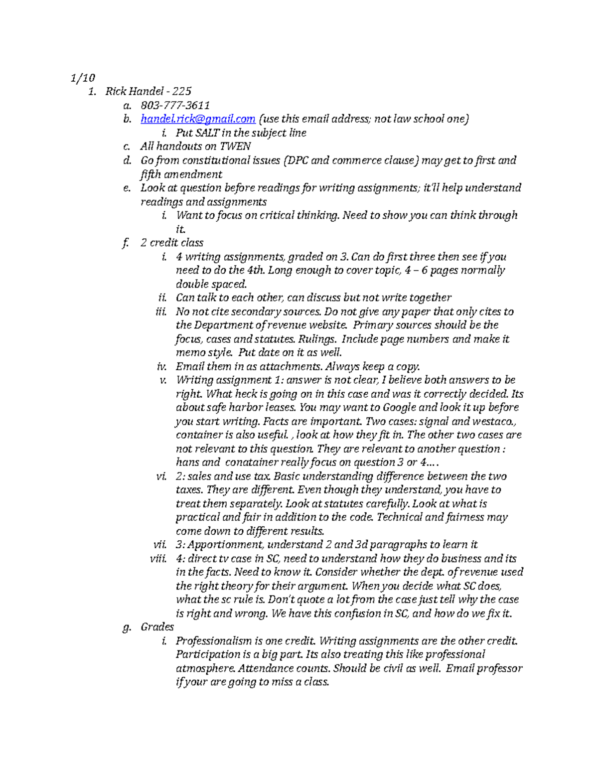 State and Local Tax Notes - 1/10 1. Rick Handel - 225 a. 803-777-3611 b ...