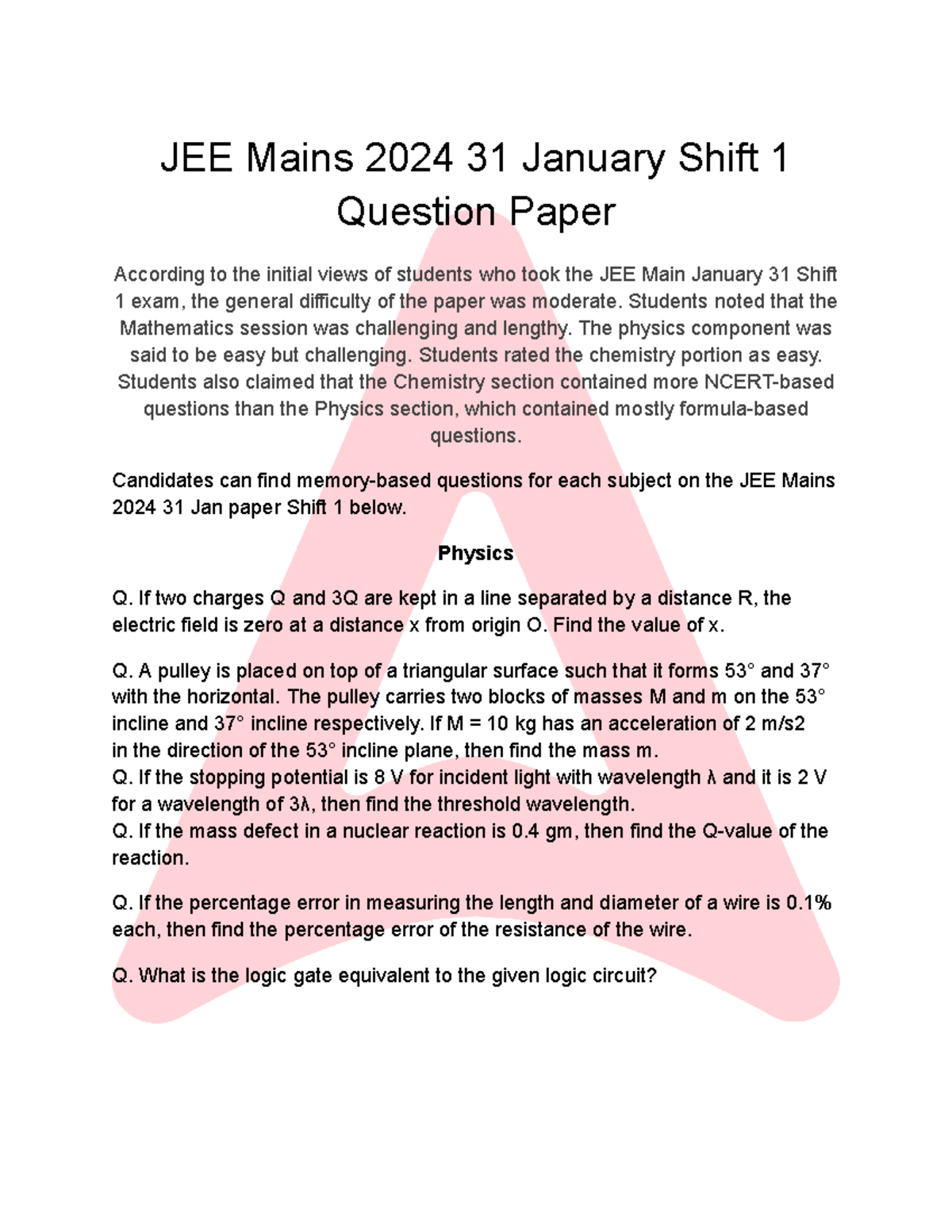 JEE Mains 2024 Question Paper 31 Jan Shift 1 - JEE Mains 2024 31 ...