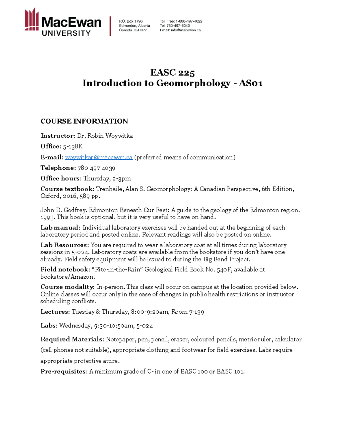 EASC 225 Introduction to Geomorphology - Outline 2022 - EASC 225 ...