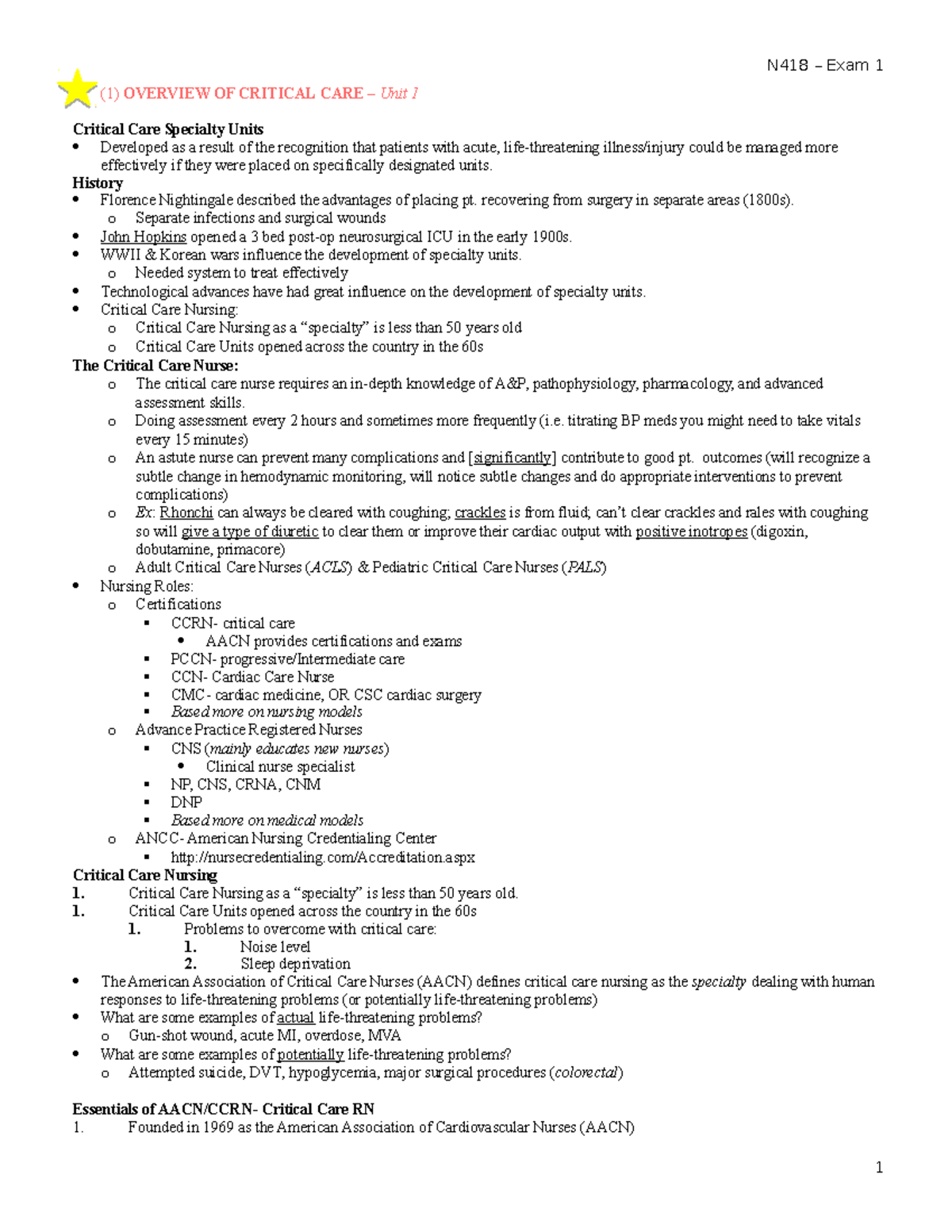 Exam 1 Notes - (1) OVERVIEW OF CRITICAL CARE – Unit 1 Critical Care ...