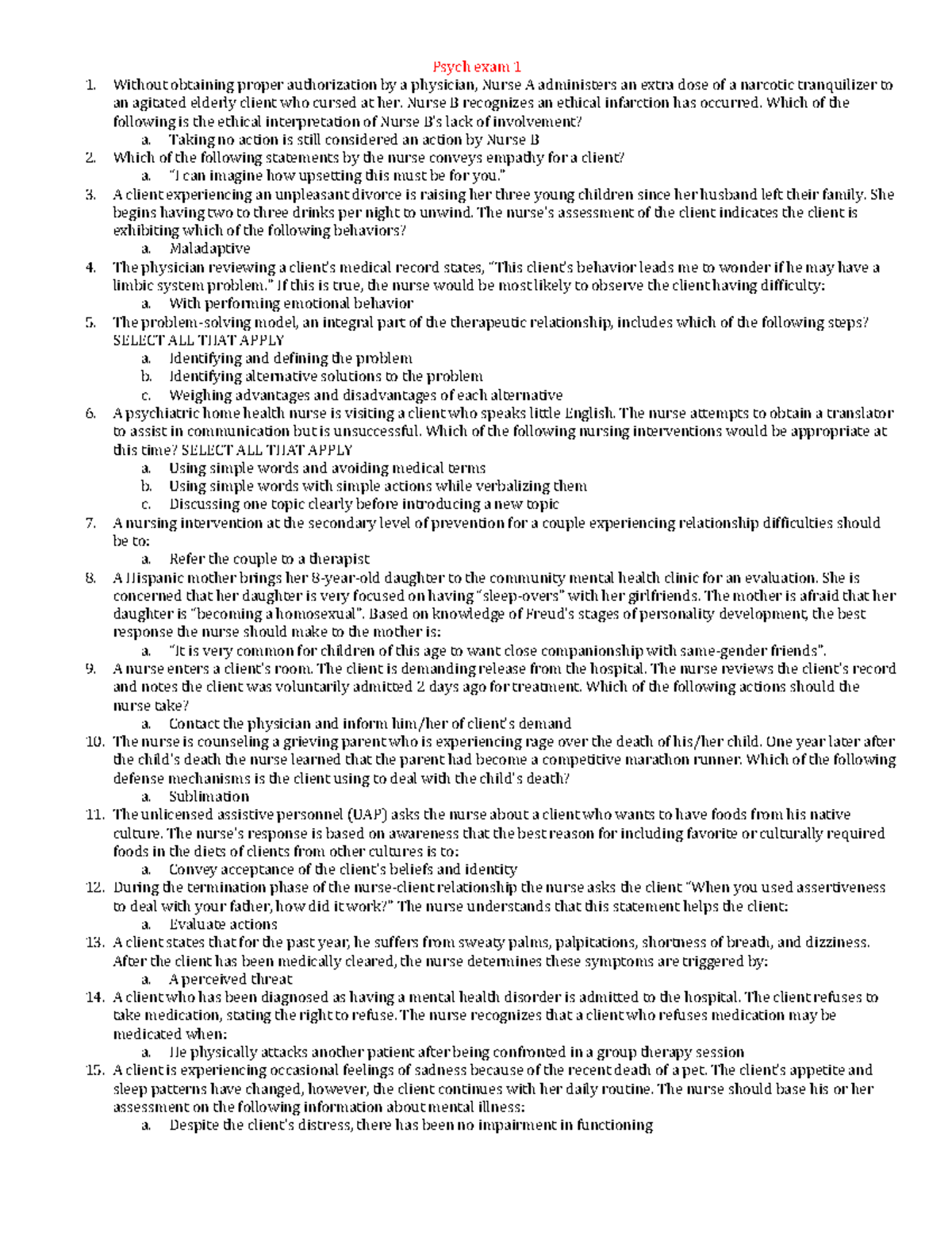 All psych exams questions - Psych exam 1 Without obtaining proper ...
