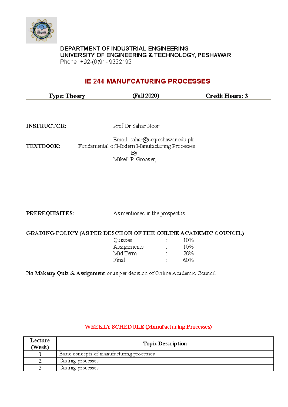 Lectures Schedule - DEPARTMENT OF INDUSTRIAL ENGINEERING UNIVERSITY OF ...