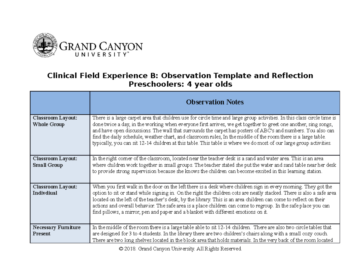 Classroom design - Clinical Field Experience B: Observation Template ...