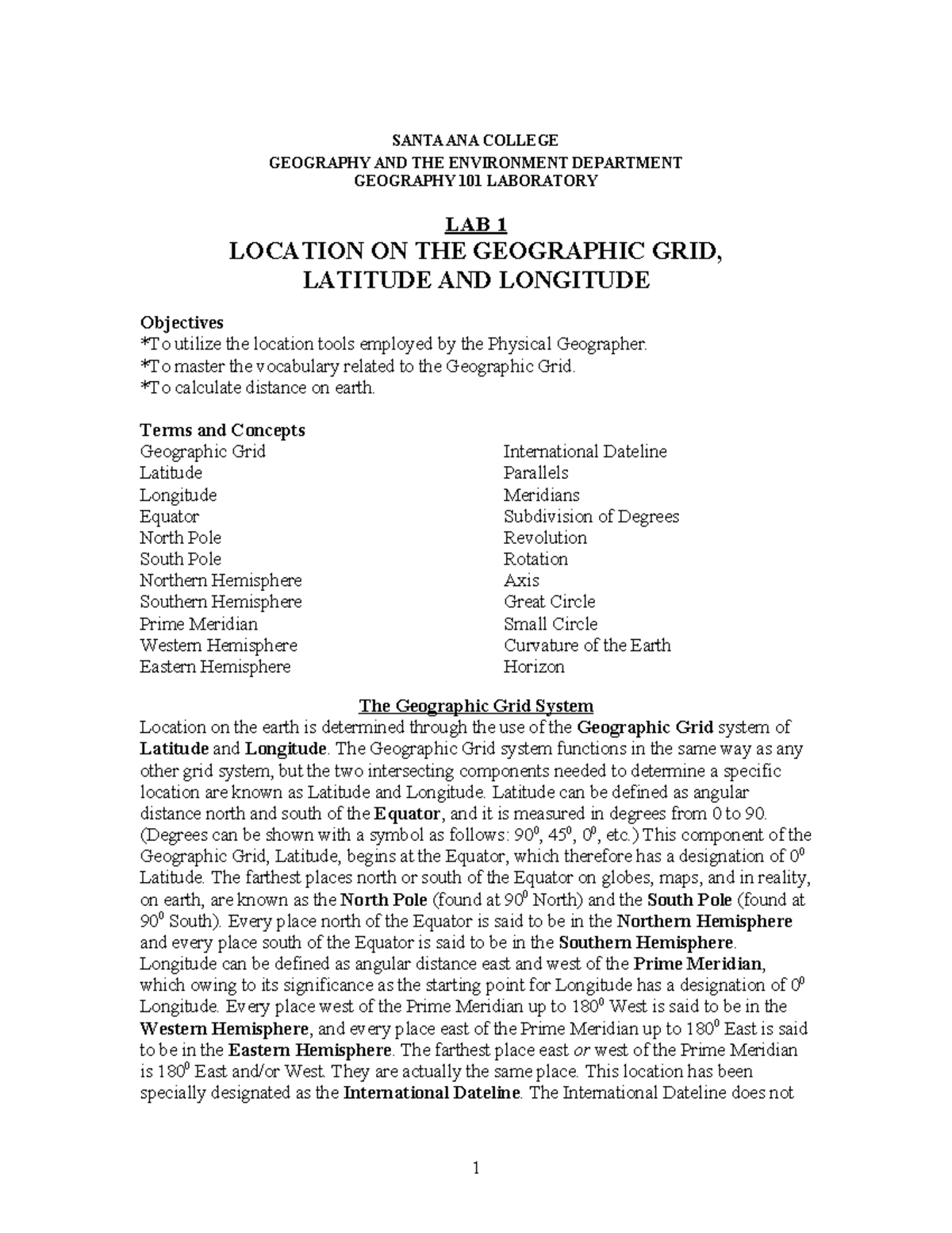 Online G101 Lab The Geographic Grid - SANTA ANA COLLEGE GEOGRAPHY AND ...