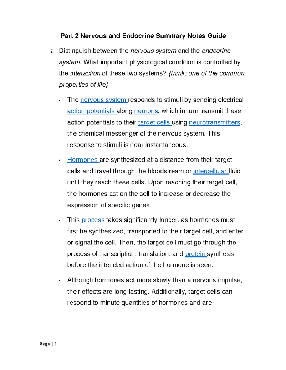 Part 2 Nervous and Endocrine Summary Notes Guide - What important ...