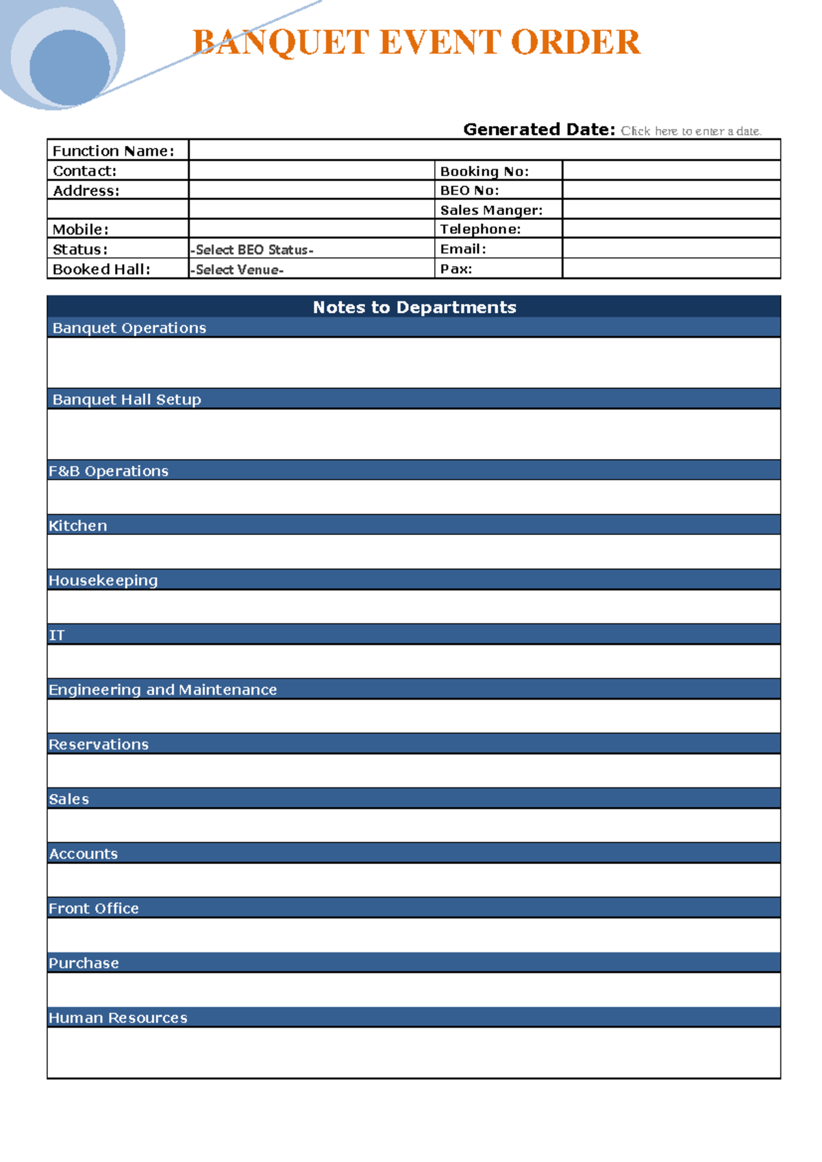 Banquet Event Order BEO 2 - BANQUET EVENT ORDER Generated Date: Click ...