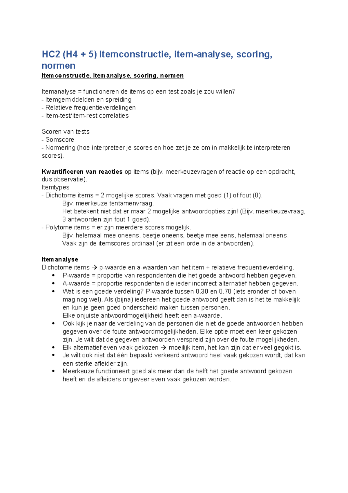 Aantekeningen HC2 testtheorie - HC2 (H4 + 5) Itemconstructie, item ...