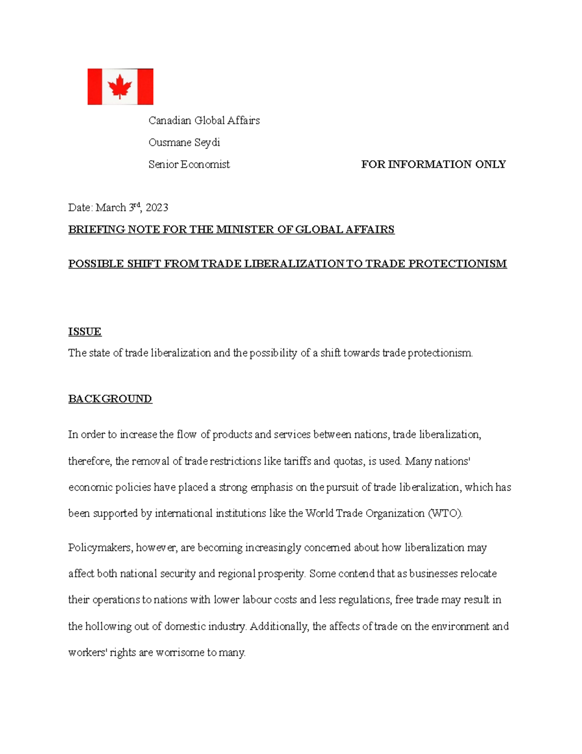 Briefing note 2 - 222 - Canadian Global Affairs Ousmane Seydi Senior ...