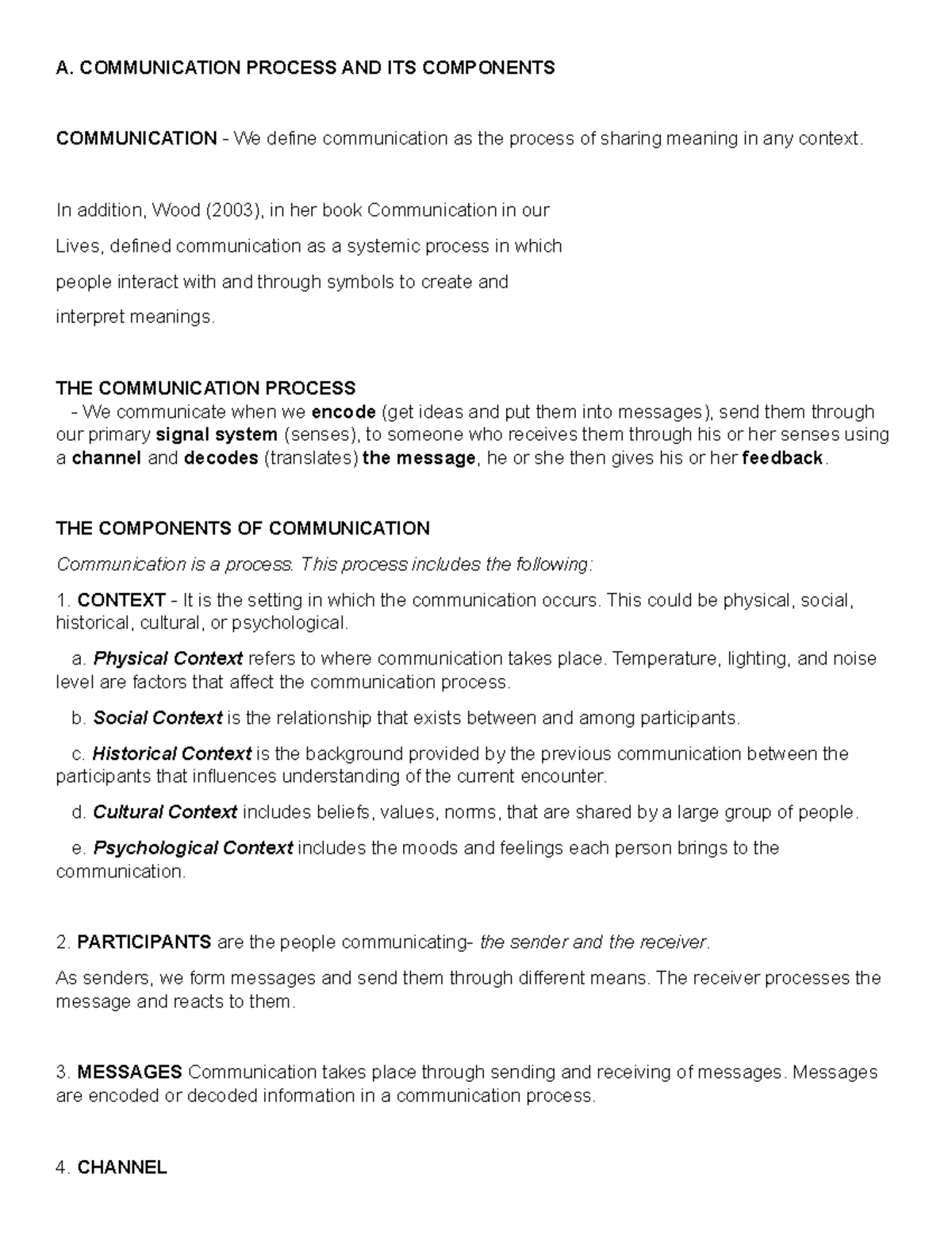 C1. COMMUNICATION Process AND Components - A. COMMUNICATION PROCESS AND ...