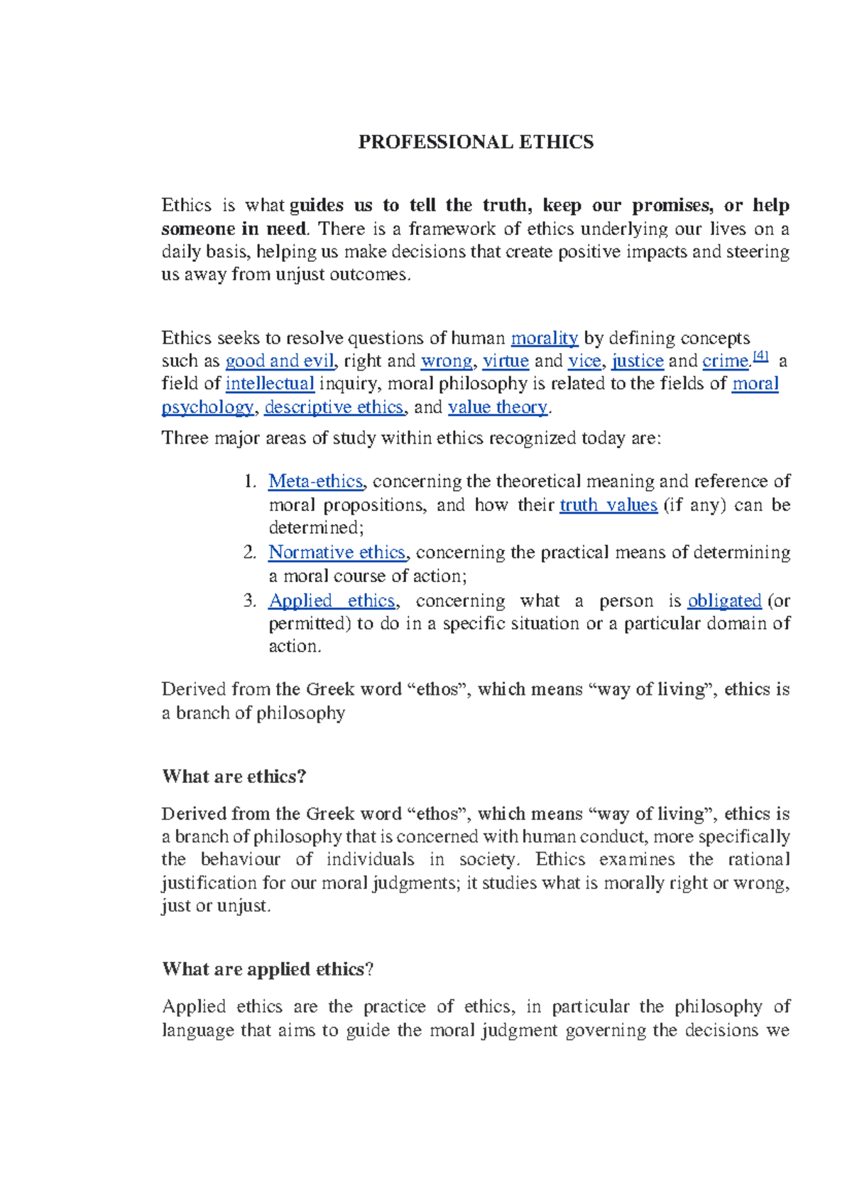 P Ethics M1 & 2 - useful content - PROFESSIONAL ETHICS Ethics is what ...