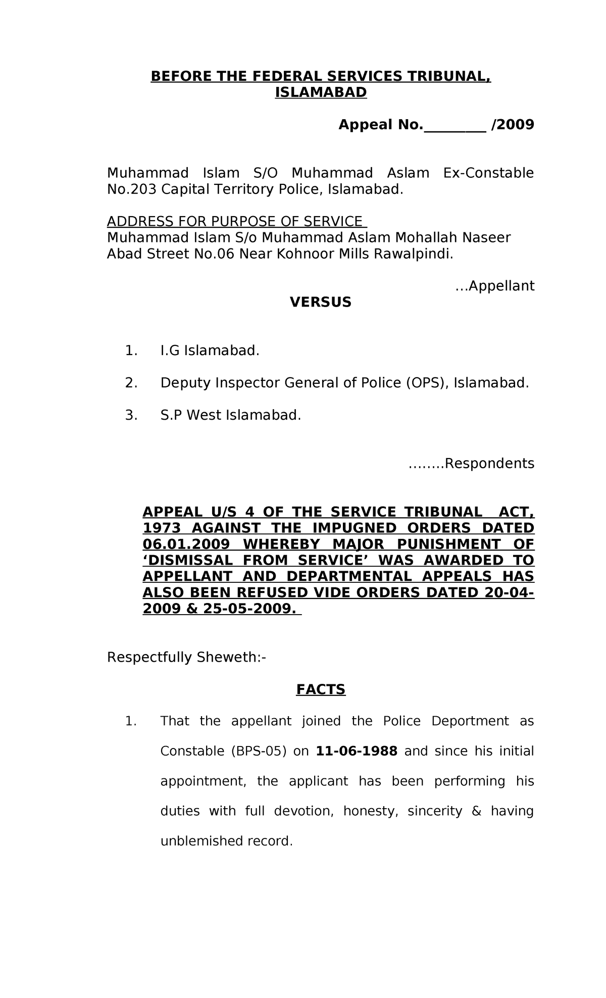 Appeal - FST (M Islam - BEFORE THE FEDERAL SERVICES TRIBUNAL, ISLAMABAD ...