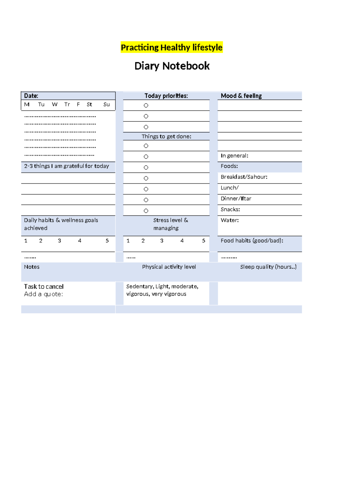 Diary Notebook - Practicing Healthy lifestyle Diary Notebook Date ...