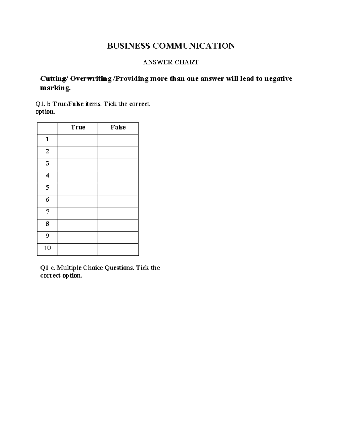 BC Final Summer 2013 B2 - paper - BUSINESS COMMUNICATION ANSWER CHART ...