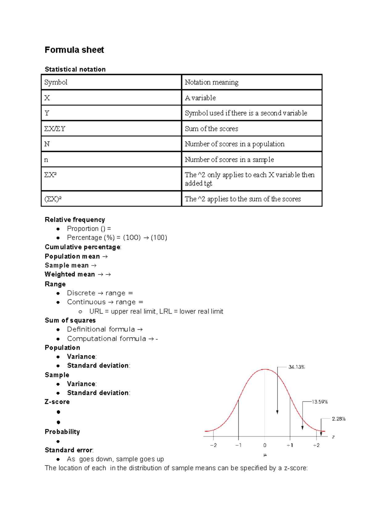 Formula sheet - statistics I sem 1 - Formula sheet Statistical notation ...