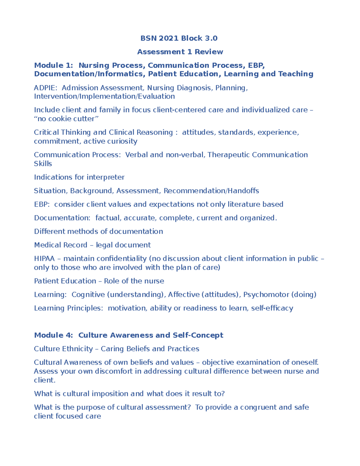 Review modules for nursing - BSN 2021 Block 3. Assessment 1 Review ...
