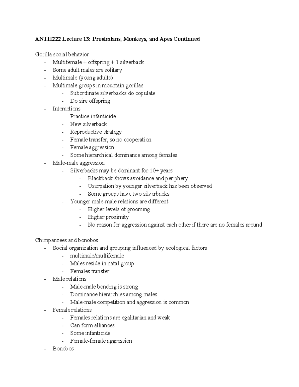 ANTH222 Lecture 13 Prosimians, Monkeys, and Apes Contd - Studocu