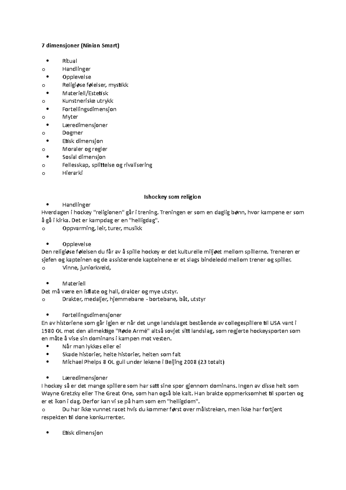 Religions 7 dimensjoner + idrett som religion - 7 dimensjoner (Ninian ...