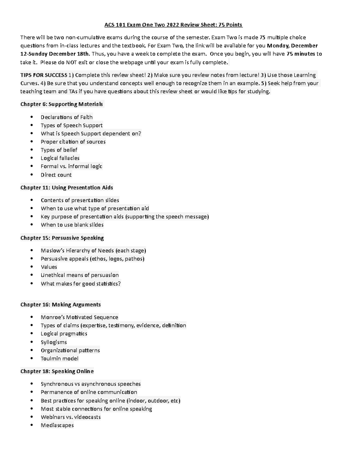 ACS 101 Exam Two Review Sheet F22 - ACS 101 Exam One Two 2022 Review Sheet: 75 Points There will ...