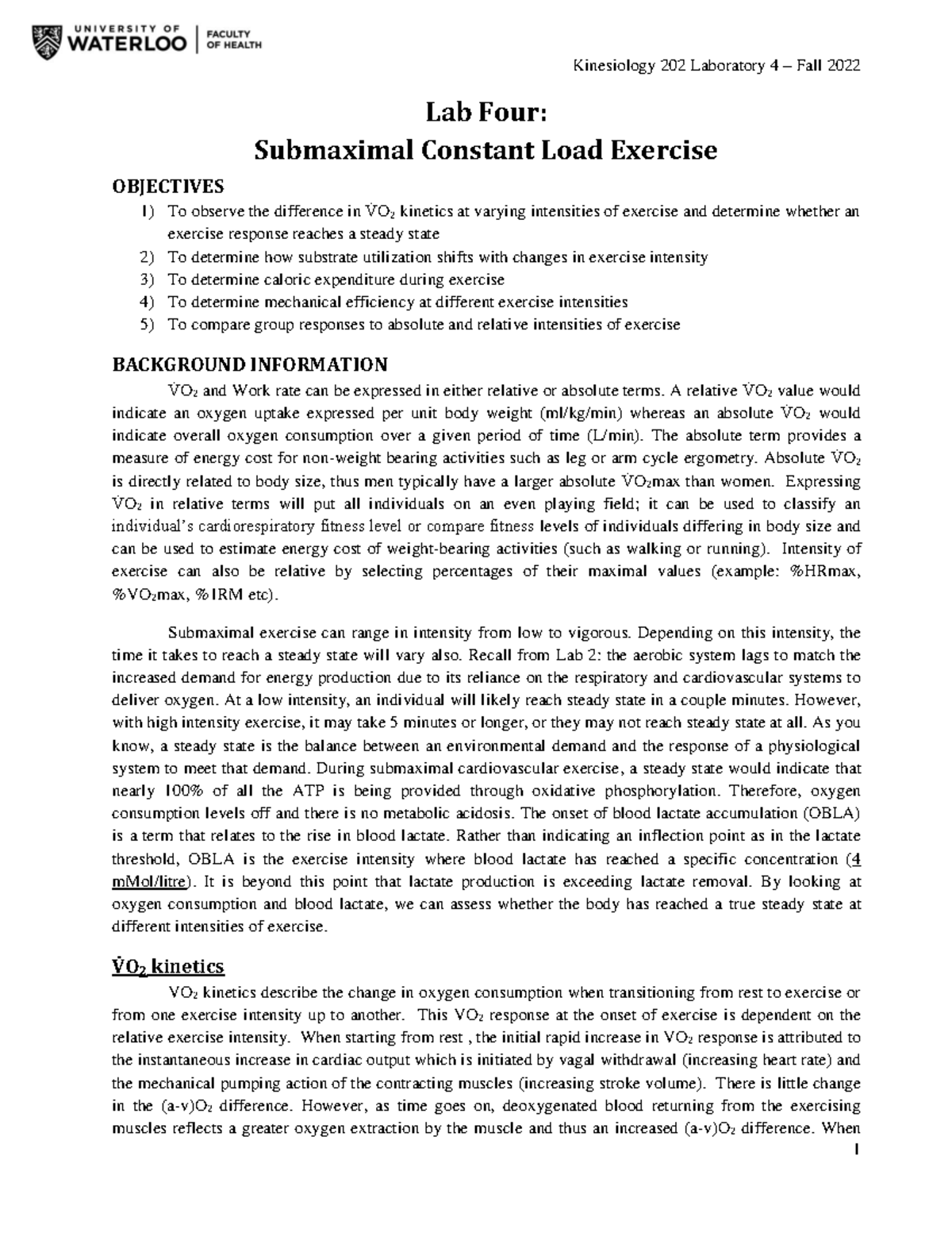 Kin 202 Lab 4 Manual Lab Four Submaximal Constant Load Exercise Objectives To Observe The 9567